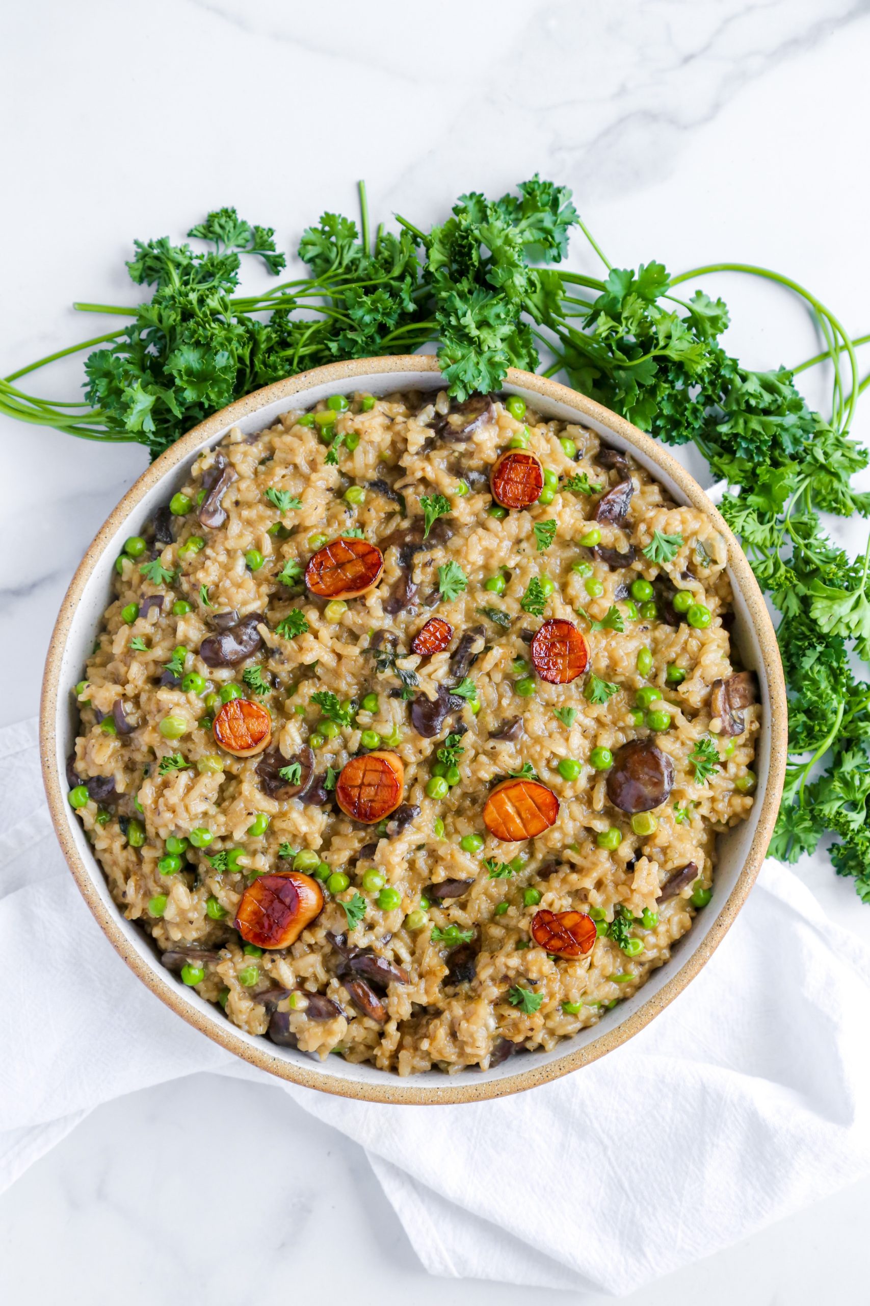 Mushroom Pea Risotto with Vegan “Scallops” - V & GF - The Plant Collective