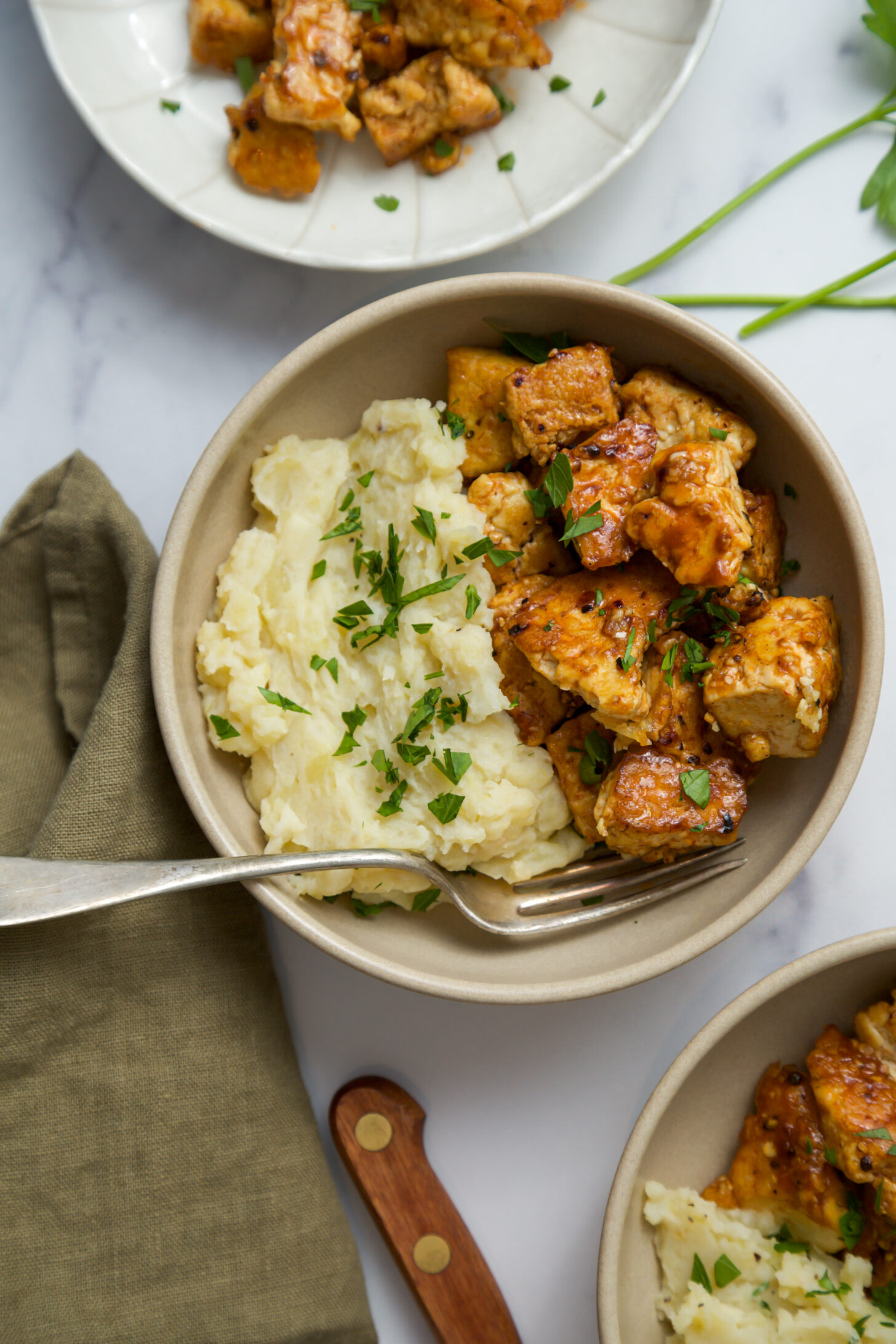 Tofu Steak Bites with Herb Infused Mashed Potatoes - The Plant Collective